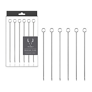 Viski Silver Cocktail Picks, Set of 6 Stainless Steel Drink Picks, Barware Accessories, 4.25″
