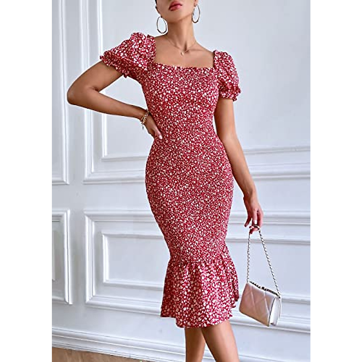PRETTYGARDEN Women's Summer Floral Midi Bodycon Dresses Short Puff Sleeve Square Neck Ruffle Hem Mermaid Cocktail Dress (Red,Large)