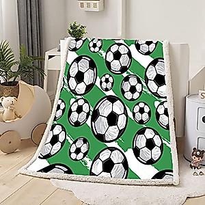 WONGS BEDDING Soccer Throw Blankets Green Fleece Flannel Football Blanket Gifts for Kids Boys Girls Fuzzy Warm Soft Throw Blanket for Couch Sofa Bed Office (Green, 50"X60")