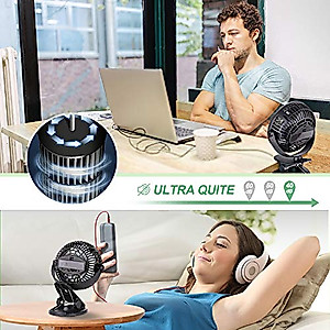 AJOYEUX Battery Operated Clip on Fan, Portable Rechargeable USB Personal Fan 3 In 1 with hook and LED for camping, stroller, car seat, office