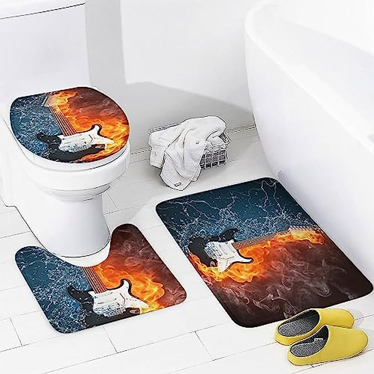 Fantasy Music Theme Guitar Shower Curtain Sets 4 Piece,Boys Room Decor Fire Water Flame Mist Electric Guitar Bathroom Decor Sets with Rugs Include Waterproof Non-Slip Toilet Lid Cover Bath Mat