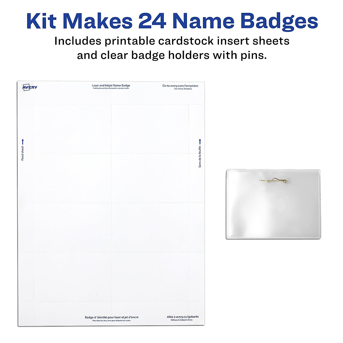 Avery Customizable Name Badges with Pins, 2.25" x 3.5", Clear Name Tag Holders with White Printable Inserts, 24 Pin Style Name Badges (74652)