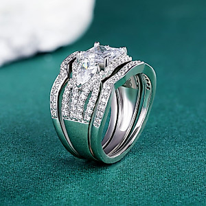 MDFUN Three-In-One Square Wedding Engagement Ring,18K White Gold Plated Cubic Zirconia Promise Eternity Ring for Women (8)