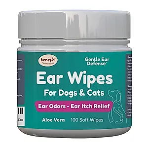 Benefit Pet Products Dog Ear Wipes - Ear Cleaner for Dogs to Prevent Infections, Itching & Odor - Aloe & Eucalyptus, Grooming Wipes - 100 Count