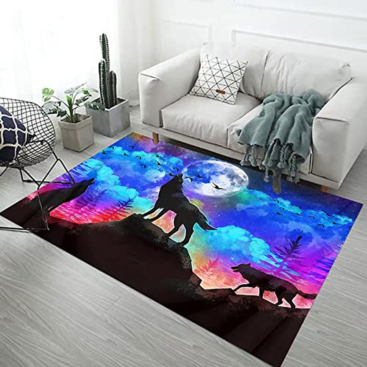 Youshosho Hippie Wolf Indoor Modern Area Rug, Soft Non-Shedding Carpet Floor Mats Living Room Bedroom Area Rugs