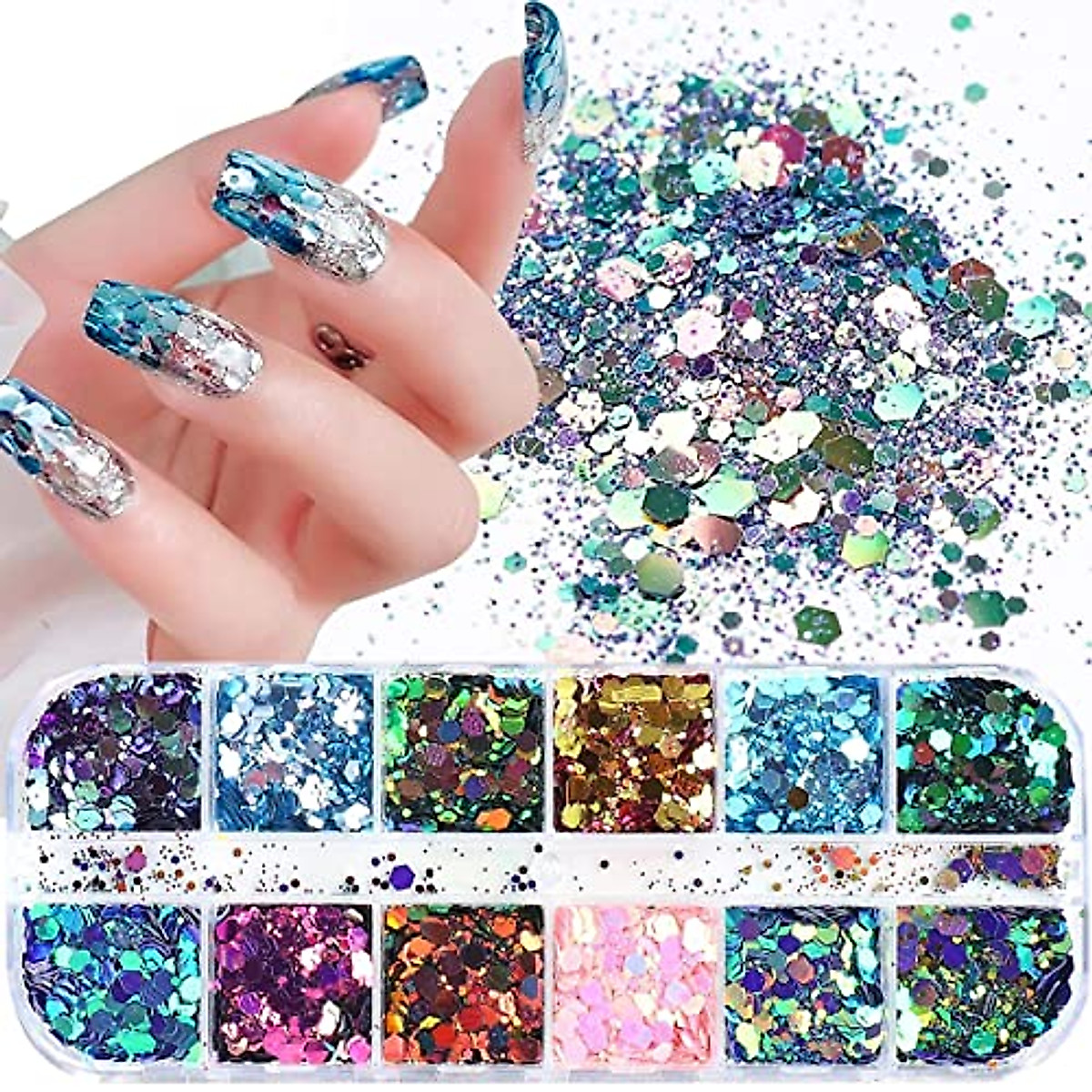 12 Grids Chameleon Nail Art Sequins Polygon Holographic Nail Supplies Bright Moving Nail Glitter Pattern Mermaid Nail Glitters Flakes Design 3D DIY Acrylic Nails for Women Manicure Powder Decorations