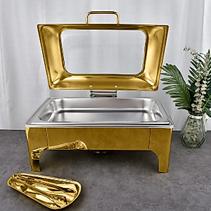 HONHPD Alcohol Chafing Dish, 9QT Rectangular Full Size Chafing Dish Buffet Set with Transparent Glass Lid Top, Soft-Close Lid, Chafer for Catering Buffet Servers and Warmers (Golden)