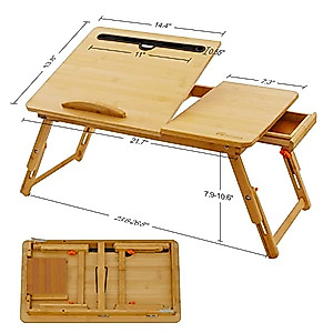 Lap Desk, COIWAI Laptop Desk for Bed, Bamboo Adjustable Height Angle Foldable Stand with Tablet Phone Slot Storage Drawer, Portable Tray Table for Netebook Computer Breakfast Work Study Reading Kids