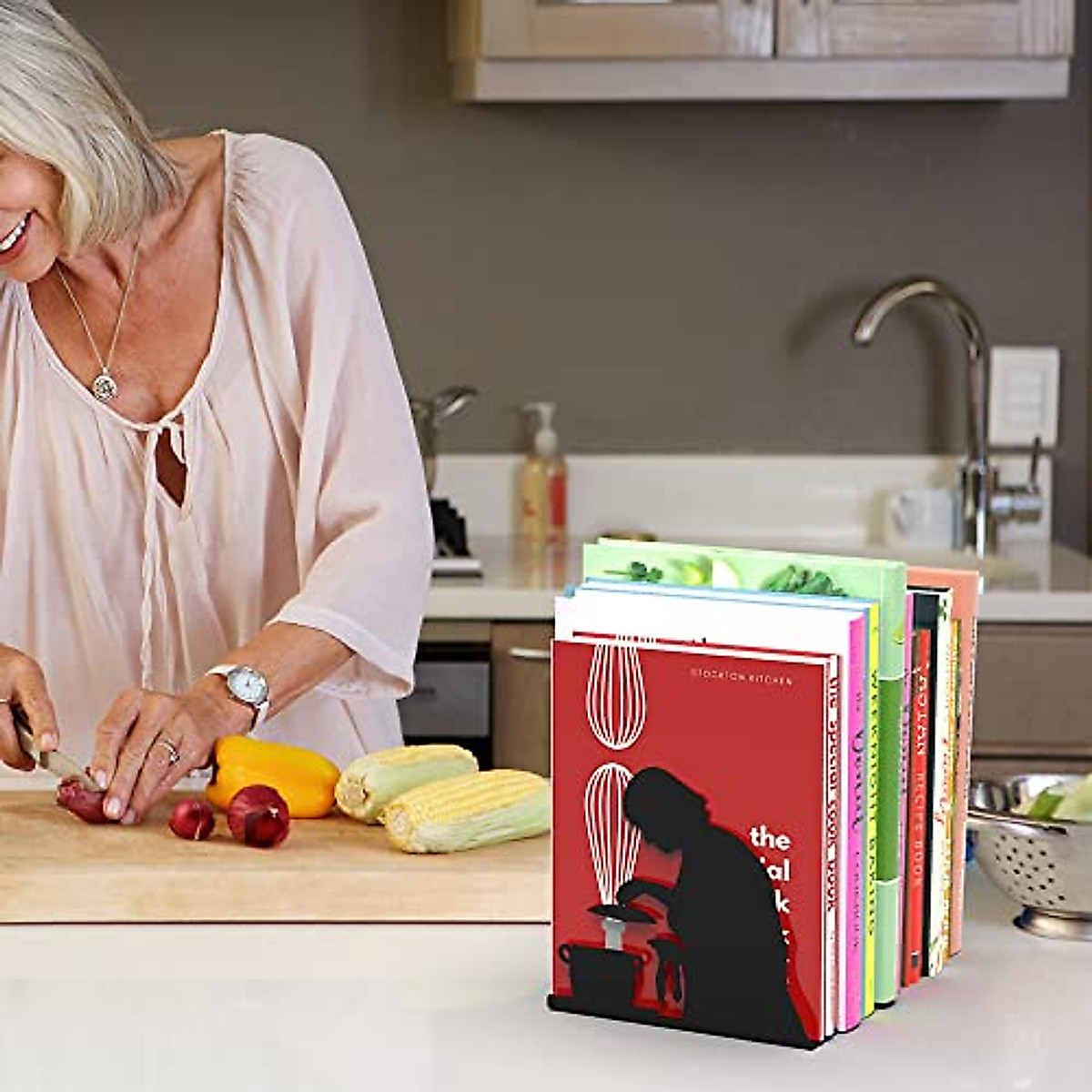 Unique Metal Decorative Bookends - Whimsical Hidden Book Ends for a Cool Book Holder Display - Cute Home Decor and Modern Gift Idea for Shelves Desk or Table (Cooking)