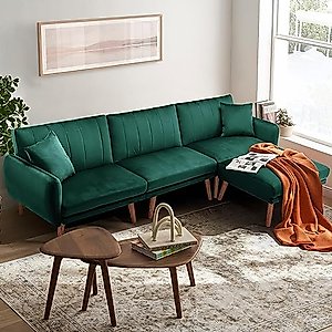 JOMEED 105" Convertible Sectional Sofa Couch, Modern Oversized Velvet Fabric L-Shaped Couch Sofa Bed with Adjustable Backrest for Living Room, Apartment