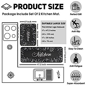OUXIOAZ 2 PCS Kitchen Rugs and Mats Non Skid Washable Black Kitchen Mat Soft Super Absorbent Anti Fatigue Kitchen Mat Runner Set Doormat Bathroom 17"x47"+17"x30"