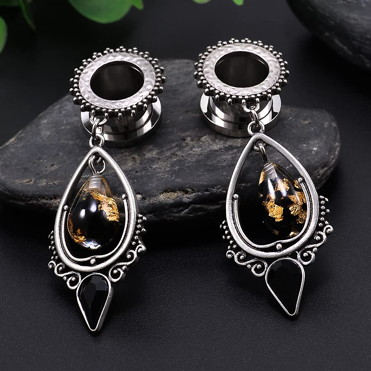 TBOSEN Stainless Steel Teardrop Black Obsidian Stone Large Dangle Bridal Plug Ear Gauges Stretching Tapers Screw Fit Tunnels (Gauge:00g(10mm))