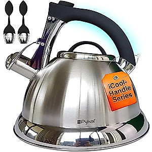 Whistling Tea Kettle with iCool - Handle, Surgical Stainless Steel Teapot for Stovetop, 2 FREE Infusers Included, 3 Quart by Pykal