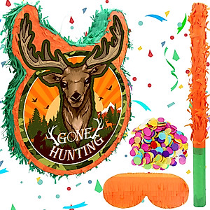Hunting Birthday Party Decorations 3D 15.7 Inch Pinatas Colorful Pinata with Stick, Blindfold, Confetti, for Camo Theme Kids Girls Boys Birthday Baby Shower Party Supplies