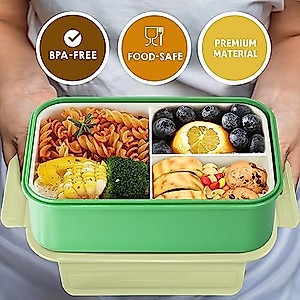 Landmore Bento Box Lunch Box for Kids Adults, 1100 ML Bento Lunch Box for Kids 3 Compartments with Utensils and Lunch Bag, Leakproof BPA Free(Green)