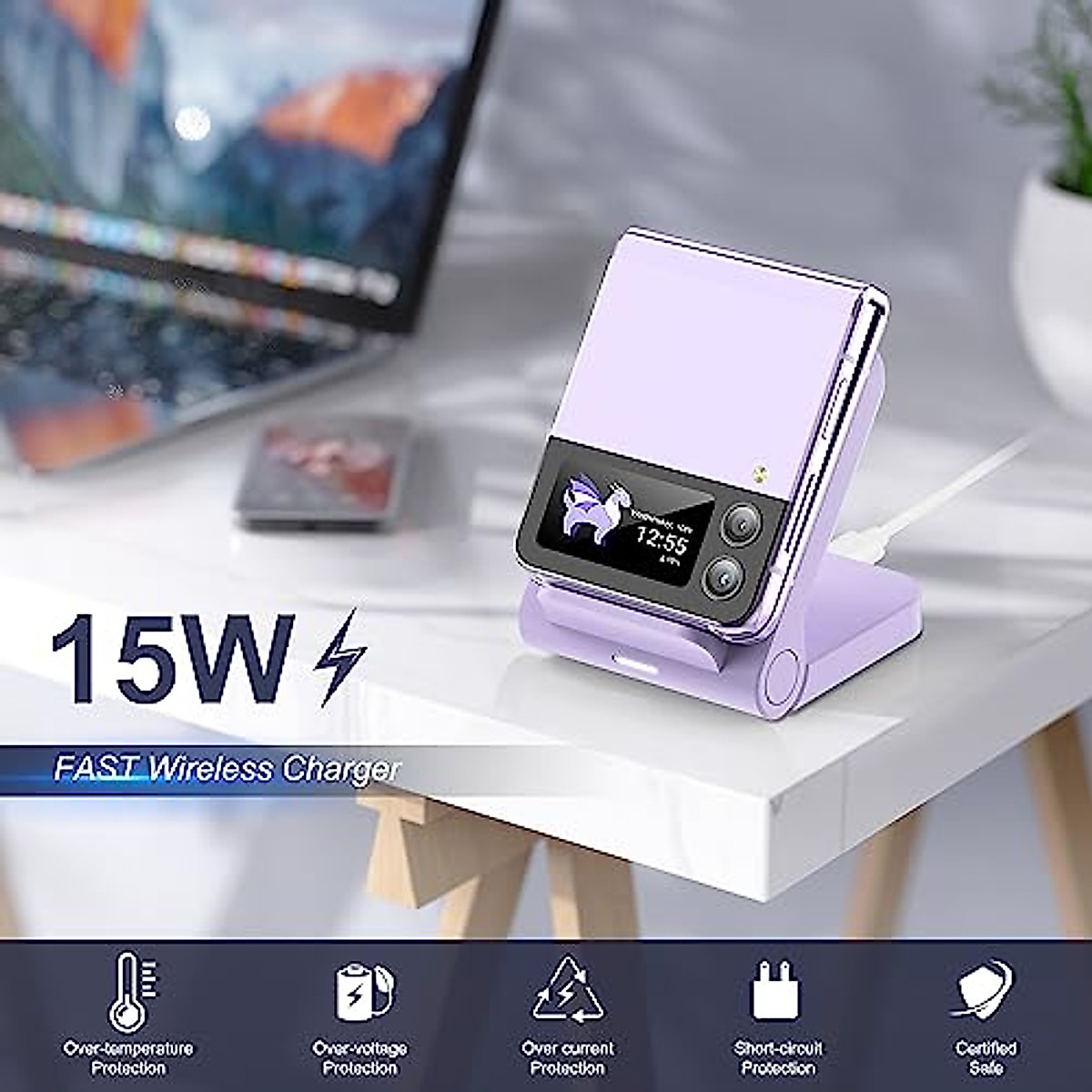 for Samsung Galaxy Z-Flip Wireless Charger: Galaxy Z Flip 5/4/3 Wireless Charging Stand,15W Fast Wireless Charger for Galaxy Z Flip5/Z Flip4/Z Flip3,Razr(At 5W)Easy Carry(QC3.0 Adapter Included)Purple