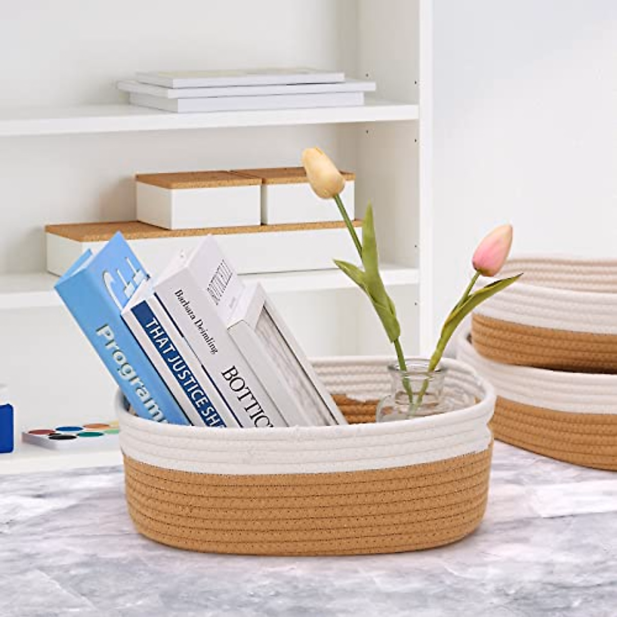 HLWDFLZ 7 Piece Cotton Rope Woven Basket Set - Woven Storage Basket Pets Toy Cotton Rope Basket for Organizing, Small Basket for Montessori, Dog Cat Toy Box, Baby Nursery (White/Jute)