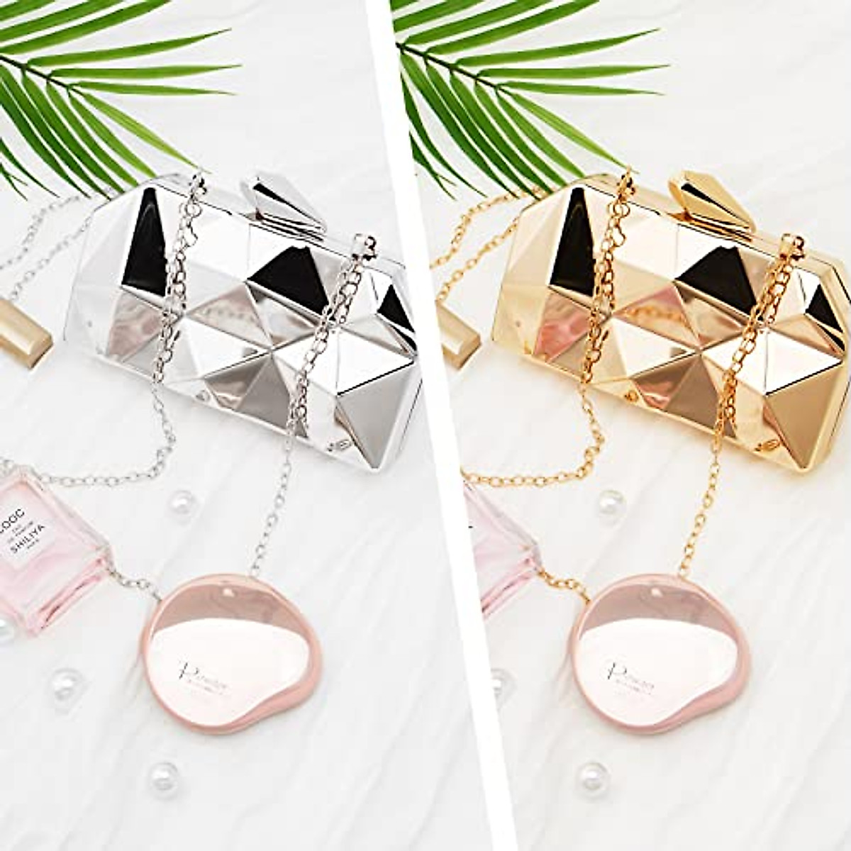 YAPAIOU Women Lattice Pattern Metal Evening Clutch Bag,Geometric Evening Clutch Purse Handbag With Chain Strap For Lady Wedding Party Prom Formal Occasion(Silver)