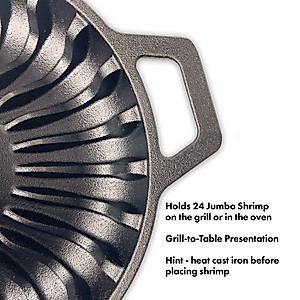 Bayou Classic 7423 Pre-Seasoned Cast Iron Shrimp Pan for Cooking and Serving Holds 24 Jumbo Shrimp