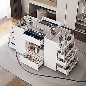 LIVAUVEAD Closet Island with Drawers, Wardrobe Armoire Bedroom Island, Glass Display Shelf & 12 Drawers, White Dresser with Glass Top, Walk-in Closet Island for Bedroom, Cloakroom