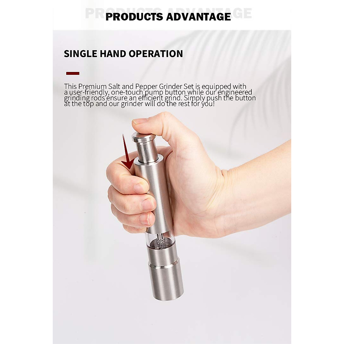 MINI Stainless-Steel One-Handed Thumb Push Button Salt and Pepper Grinder For Black Pepper Or Himalayan Salt(One pack)