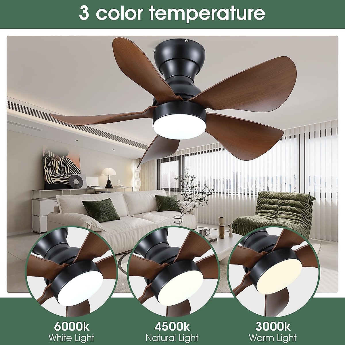Kviflon Ceiling Fans with Lights and Remote/APP Control, 30 inch Low Profile Ceiling Fans with 5 Reversible Blades 3 Colors Dimmable 6 Speeds Ceiling Fan for Bedroom Dining Room, Wood Color