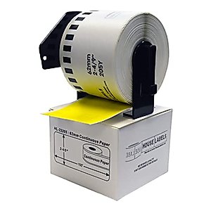 HOUSELABELS Compatible with DK-2205 Replacement Roll for Brother QL Label Printers; Yellow Continuous Length Labels; 2-4/9" x 100 feet (62mm*30.48m) with 1 Reusable Cartridge - 5 Rolls