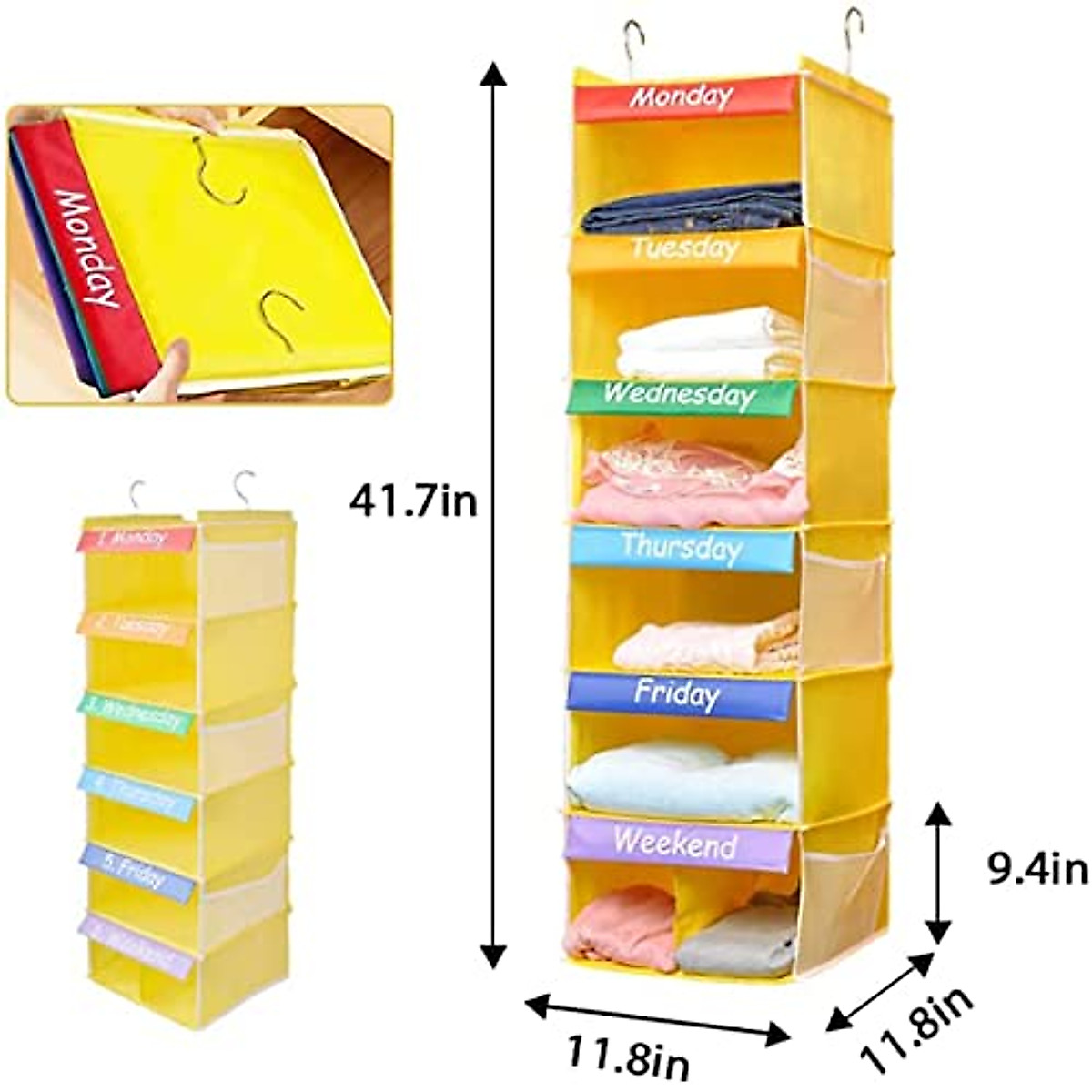 CLUQMEIK Kids Closet Organizers and Storage, Weekly Hanging Clothes Organizer, 6 Shelves with Side Mesh Pockets, 41.7"x12"x12", Yellow, Days of The Week Clothing System, Monday Through Friday