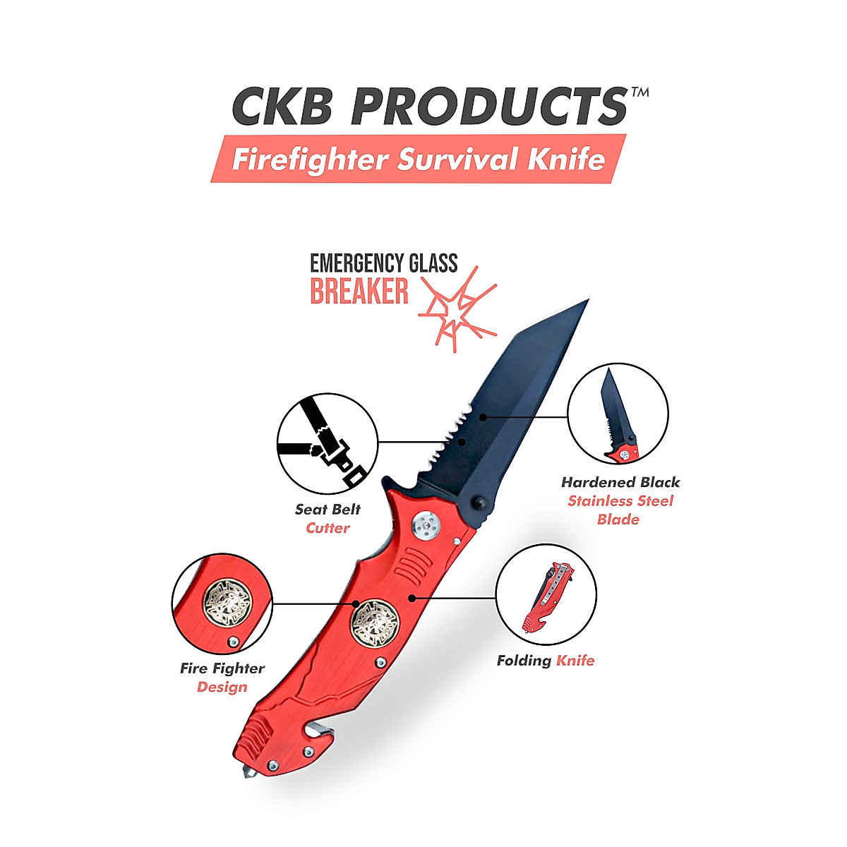 CKB Products Folding Knife - Firefighter Design - 3" Hardened Black Stainless Steel Blade - Seat Belt Cutter, Glass Breaker - 8 1/8" Open, 4 1/2" Closed