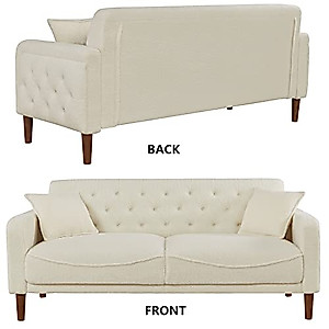 Aoowow Teddy Fabric Sofas and Couches 78 Inches Long, Mid Century Modern Couch Tufted Back Sofa with 2 Throw Pillows, Armrest and Wooden Legs for Living Room, Apartment, Bedroom (Beige)