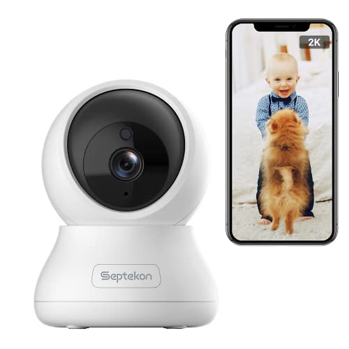 Indoor Security Camera 2K, Septekon 360° Pan Tilt Baby Monitor Pet Camera, 2.4GHz Wi-Fi Camera with Night Vision, Motion Detection, 2-Way Audio Siren, Cloud/SD Card, Compatible with Alexa,White