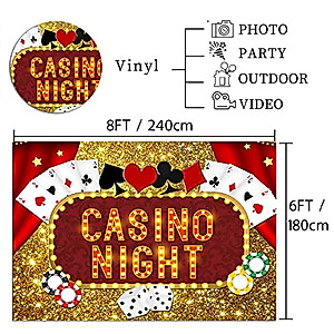Vinyl 8X6FT Casino Night Poker Dice Red Curtains Photography Backdrop Gold Glitter Bokeh Photo Background Birthday Party Banner Decorations Banner Photo Booths Studio Props Dessert Table