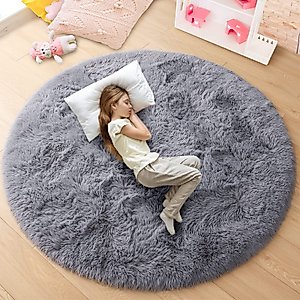 junovo Round Rug 4x4 Feet Fluffy Soft Area Rugs for Kids Girls Room Princess Castle Plush Shaggy Carpet Cute Circle Nursery Rug for Kids Girls Bedroom Baby Room Home Decor Circular Carpet, Grey