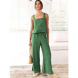 ANRABESS Women's 2 Piece Outfits Linen Pants Jumpsuit Matching Lounge Set Casual Summer Beach Vacation Trendy Clothes Grass Small