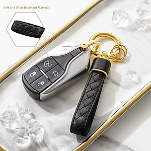 Gkeygo Leather Car Keychain, Handmade Woven Keychains for Women and Men, Universal Key Fob Holder with 360 Degree Rotatable, Anti-Lost D-Ring, 2 Keyrings and 1 Screwdriver – Black