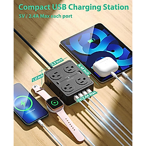 JUOYOU Power Strip Surge Protector - 8 Widely Spaced Outlets with 6 USB Ports(USB C 20W & USB A 20W), 3 Side Outlet Extender with Flat Plug Extension Cord 5 ft