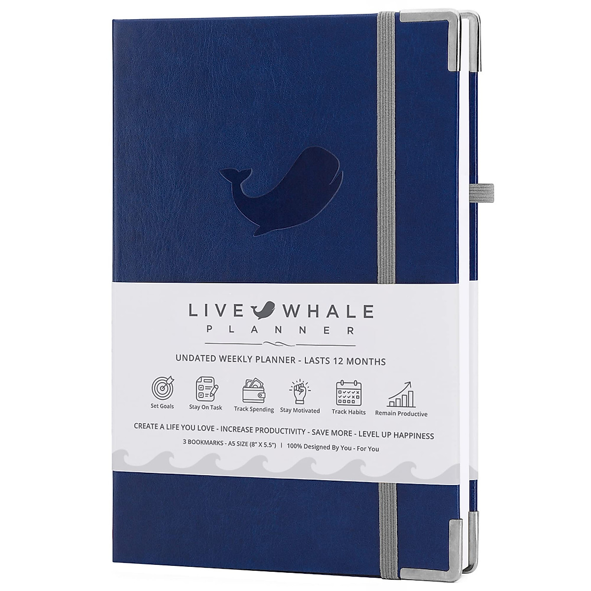 ) Live Whale Planner - Undated Weekly Planner, Personal Hourly Planner - Habit Tracker Crafted to Increase Productivity, Track Goals and Achieve Well Being. (Blue/Grey)