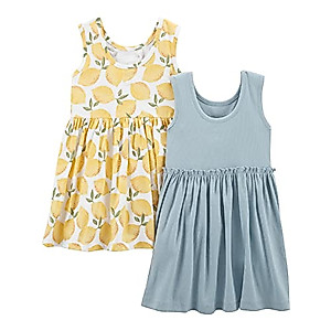 Simple Joys by Carter's Girls' Short-Sleeve and Sleeveless Dress Sets, Sage Green/White Lemon, 7