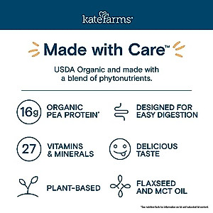 KATE FARMS Organic Nutrition Shake, Vanilla, 16g protein, 27 Vitamins and Minerals, Protein Meal Replacement Drink, Plant Based, 11 oz (6 Pack)