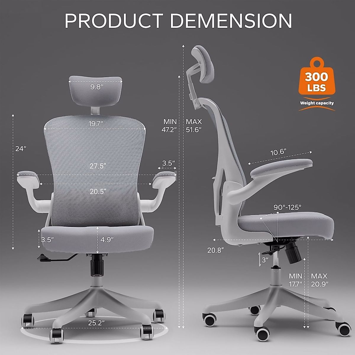 SICHY AGE Ergonomic Office Desk Chair, Home Mesh Office Desk Chairs with Wheels, High Back Office Chair with Flip-Armrest & Cushion for Lumbar Support, Office Chair for Study and Work, Gray