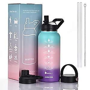 GUSKYDO 32 oz Vacuum Insulated Stainless Steel Water Bottle with Straw & Spout Lid -Leak Proof Water Bottle with Times Marker to Drink - Hot &Cold Double Wall Thermos Sports Water Flask (Pink/Blue)