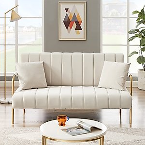 Majnesvon 61" Modern Loveseat Sofa Couch,Cashmere Fabric Small Love Seat w/2 Pillows and Metal Legs,2-Seater Upholstered Mini Sofa Couches for Small Space,Living Room Bedroom Apartments (White)