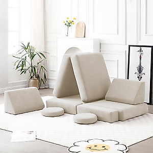 hooxnome Kids Couchs Modular Folding Floor Sofa for Kids 8pcs, Toddler Playroom Convertible Couch Play Sofa for Boys & Girls, Kids Imaginative Creative Climbing Play Couch (Beige)