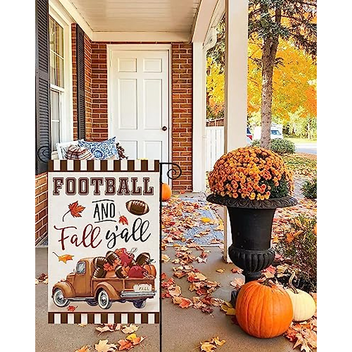 Welcome Fall Garden Flags for Outside Decorations, FOOTBALL and Fall Y'all Truck with Maple Leaves Small Yard Flag, Harvest Autumn Thanksgiving Seasonal Farmhouse Holiday Outdoor Decor 12x18 Inch Vertical Double Sided