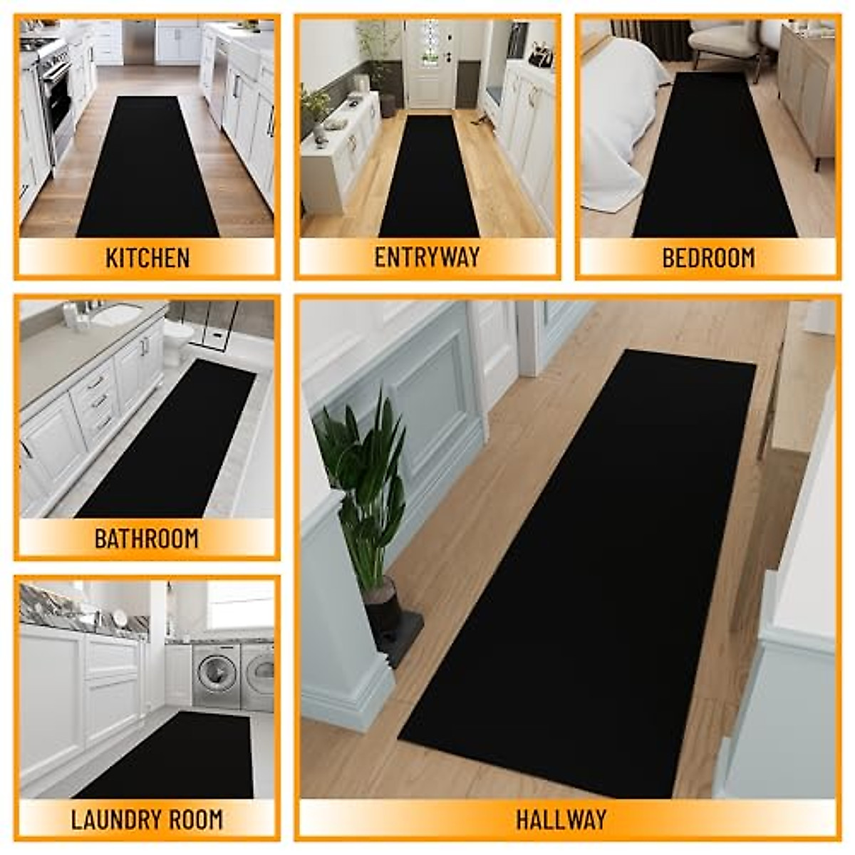 Machine Washable Modern Solid Design Non-Slip Rubberback 2x12 Traditional Runner Rug for Hallway, Kitchen, Bedroom, Living Room, 1'10" x 12', Black