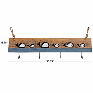 Deco 79 Wood Handmade Distressed 4 Hanger Wall Hook with White Whales and Hanging Rope, 34" x 2" x 13", Brown