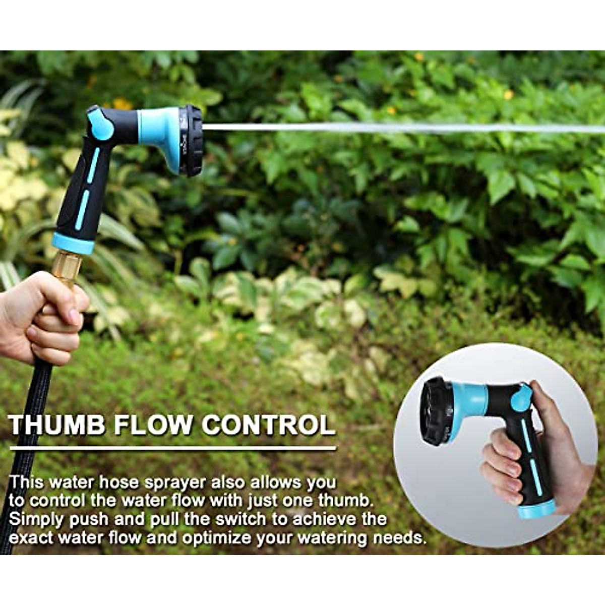ESOW Garden Hose Nozzle 100% Heavy Duty Metal, Water Hose Sprayer with 8 Watering Patterns, Thumb Control On Off Valve, High Pressure Nozzle Sprayer for Watering Plants, Car and Pet Washing, Blue