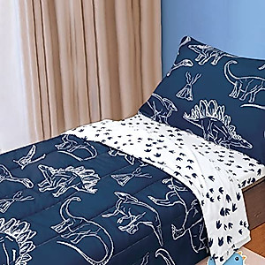 Jundetye 4 Pieces Dinosaur Toddler Bedding Set for Boys, Soft Breathable Toddler Comforter Set, Dino Print Navy, Includes Reversible Comforter, White Fitted Sheet and Flat Sheet, Pillowcase