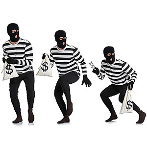 URATOT Adult Halloween Robber Costume Set Prop Money Black Gloves Face Cover White Striped T-Shirt Bags, L