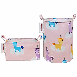 QUEENLALA Large Storage Basket,Laundry Hamper/Bathroom/Home Decor/Collapsible Round Storage Bin,Boys and Girls Hamper/Boxes/Clothing（Round-Rec-Pink Unicorn）